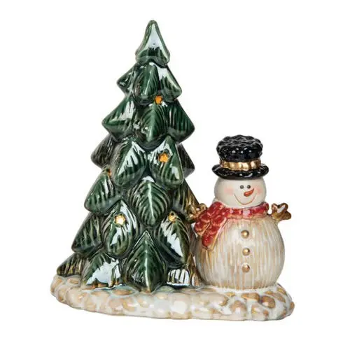TRANSPAC Ceramic Christmas Light Up Tree Snowman