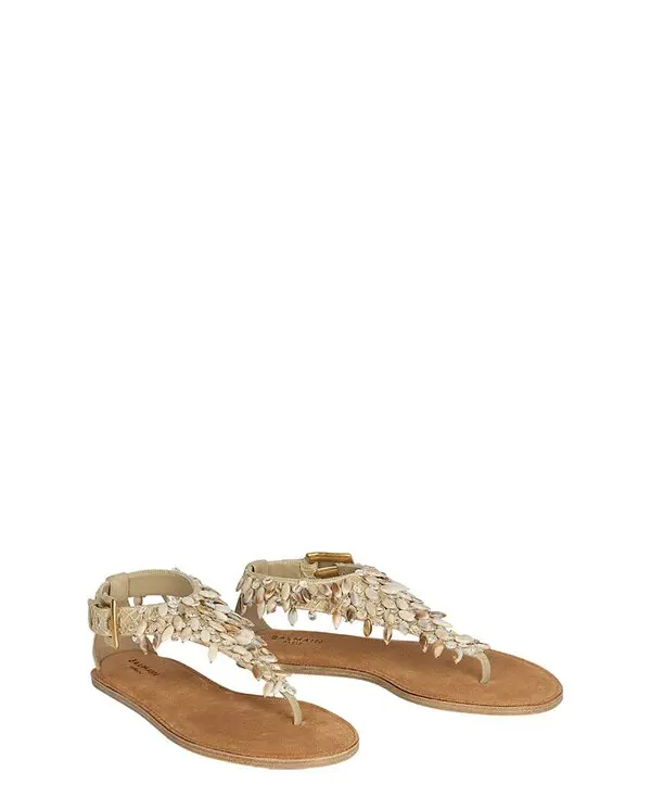 Balmain Flat Sandals In Suede, Cotton And Beads - Beige