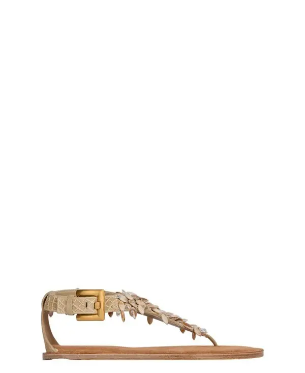 Balmain Flat Sandals In Suede, Cotton And Beads