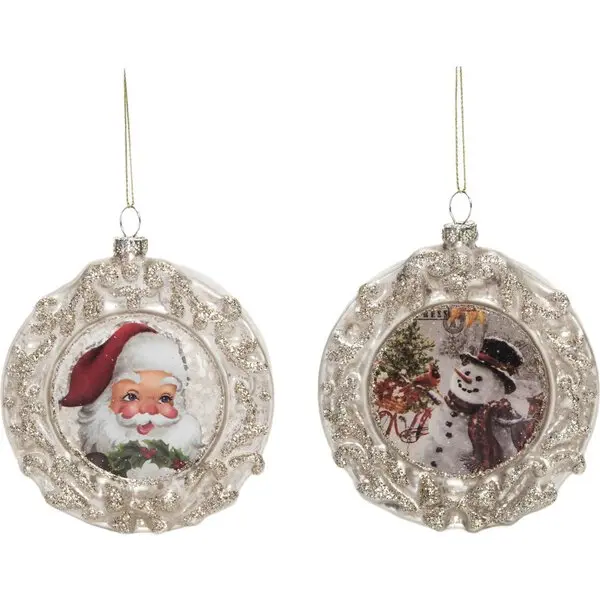TRANSPAC Glass Shimmer Nostalgic Character Ornaments Set Of 2