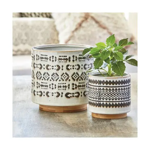 TAG Tanga Planter Stoneware Flower Pot With Base Decor