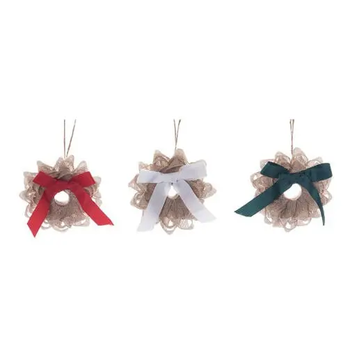 TRANSPAC Burlap Ribbon Wreath Ornament Set Of 3 Christmas Decor - Multicolored