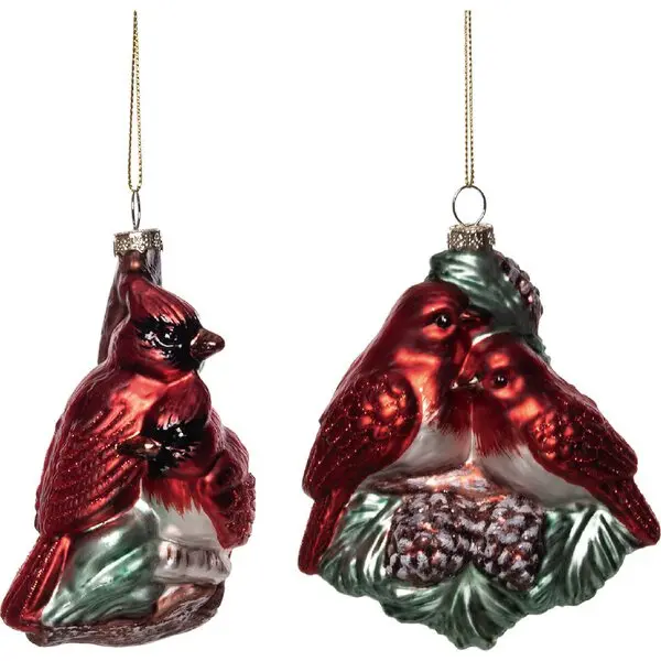 TRANSPAC Glass Snuggle Bird Ornament Set Of 2 Christmas Decor - Multicolored