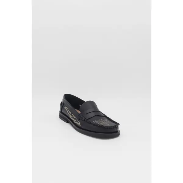 STIVALI NEW YORK Baldanza Leather Western Embroidery Penny Loafers - Black