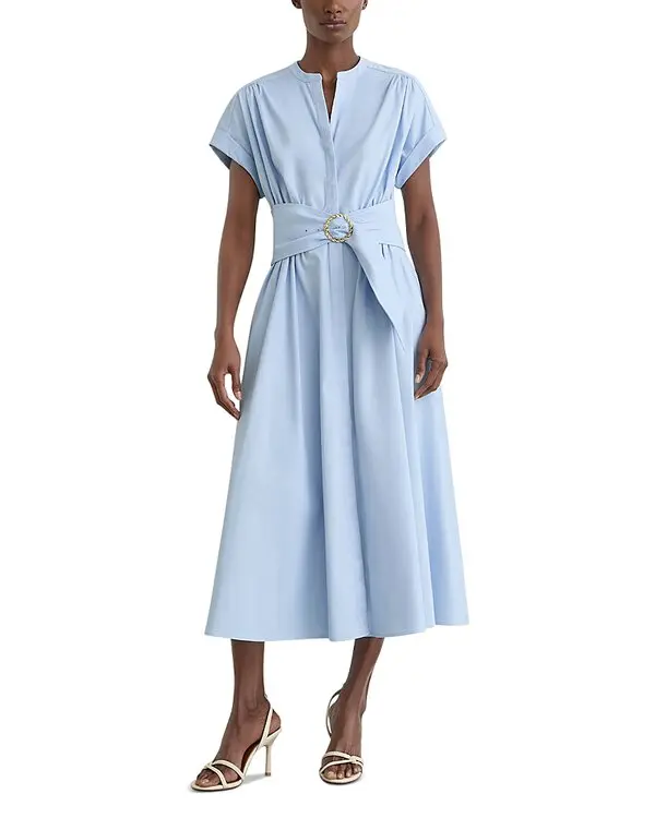 REISS Petite Cotton Blend Midi Dress With Belt - Blue
