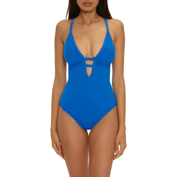 BECCA By Rebecca Virtue Bella Plunge One-piece Swimsuit With Scalloped Trim - True Blue