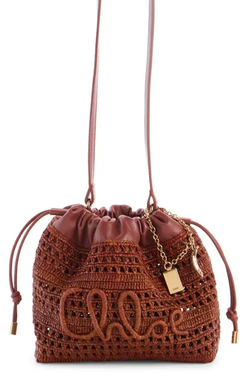 Chloé Mini Woven Raffia Drawstring Shoulder Bag - Ginger/red