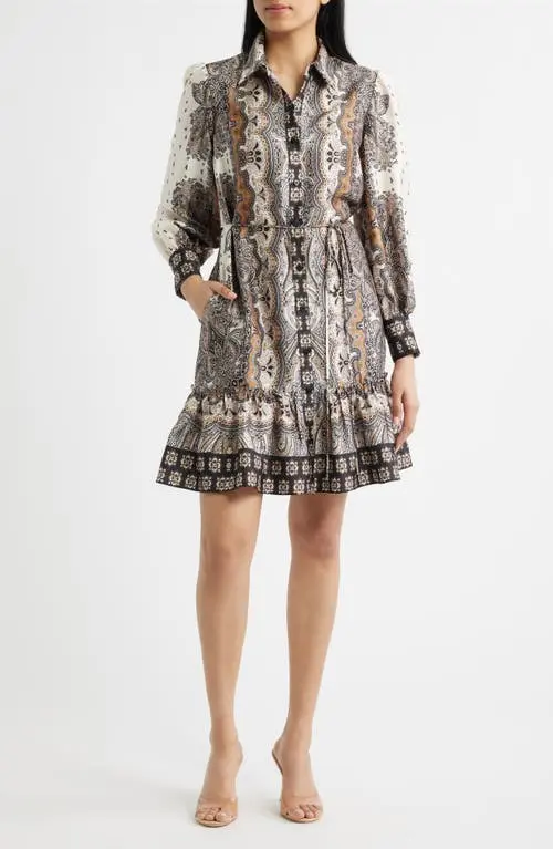 Julia Jordan Mixed Paisley Long Sleeve Shirtdress - Sand Multi