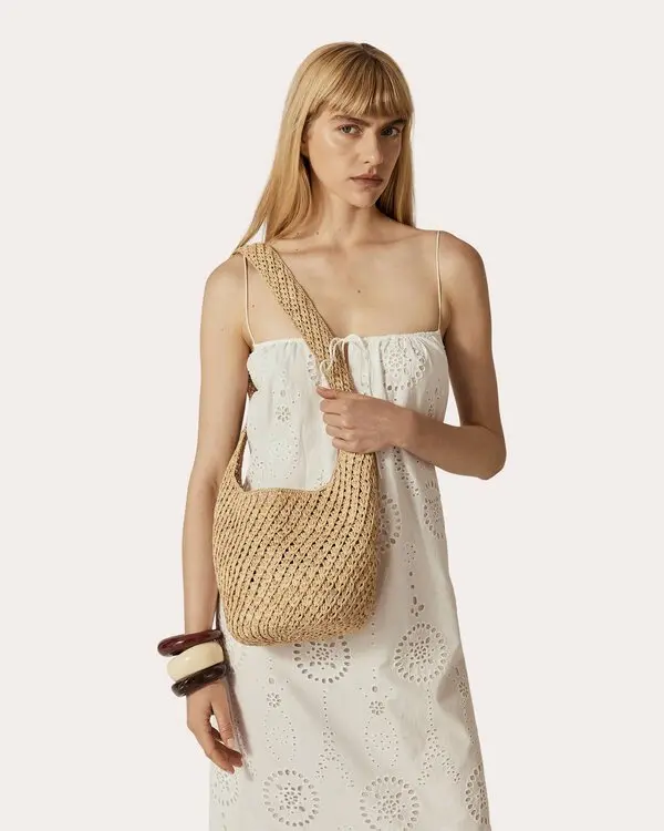 Helen Kaminski Lani Crocheted Raffia Small Drawstring Sac Bag