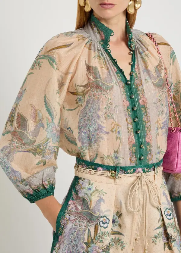 Zimmermann Indra Printed Metallic Cotton And Silk-blend Blouse - Cream