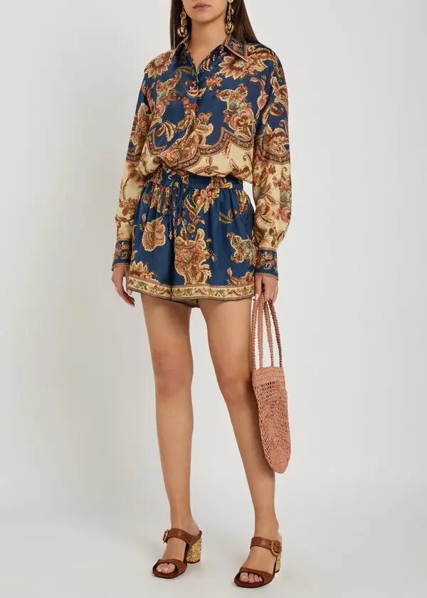 Zimmermann Aster Printed Silk Shorts - Navy