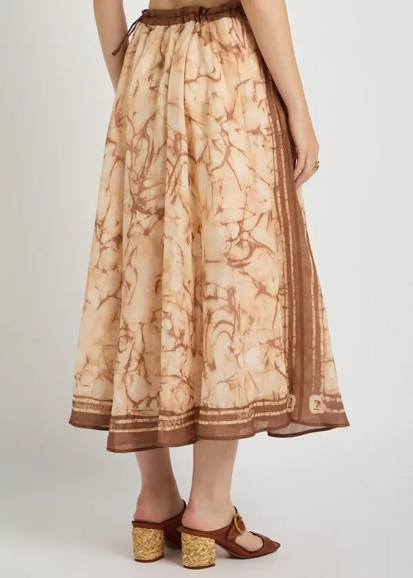 Zimmermann Indra Printed Rami Midi Skirt - Brown