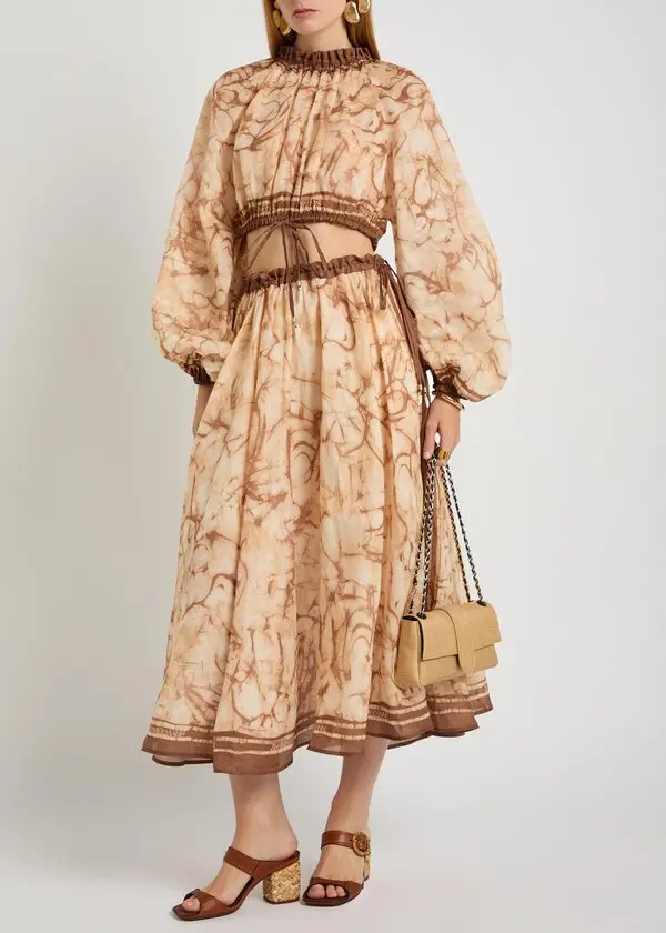 Zimmermann Indra Printed Rami Midi Skirt - Brown
