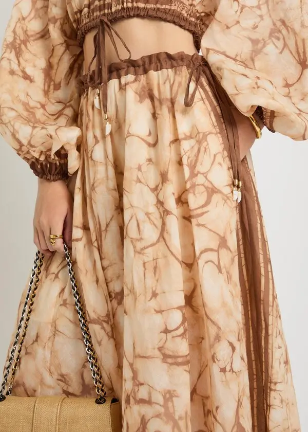 Zimmermann Indra Printed Rami Midi Skirt - Brown