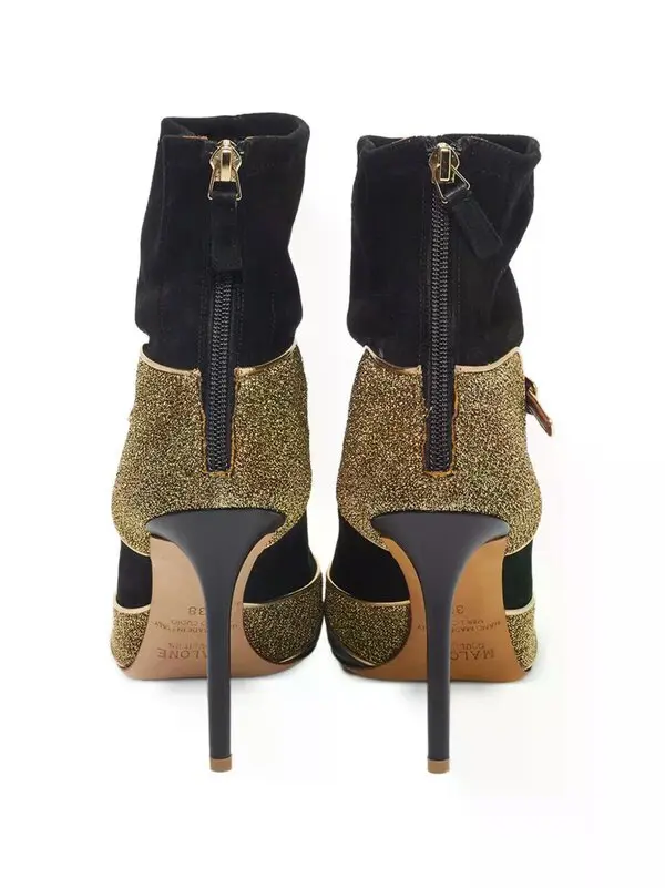 MALONE SOULIERS Leather Suede Glitter T-strap Stiletto Ankle Boots