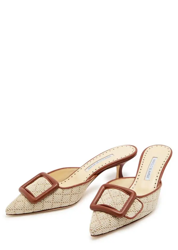 Manolo Blahnik Raffia And Leather Pointed Toe Mules With Oversized Buckle