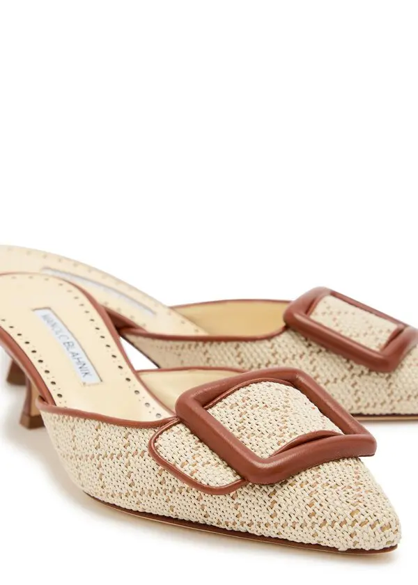 Manolo Blahnik Raffia And Leather Pointed Toe Mules With Oversized Buckle