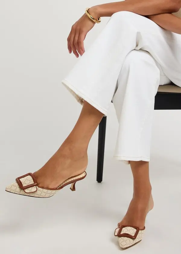 Manolo Blahnik Raffia And Leather Pointed Toe Mules With Oversized Buckle