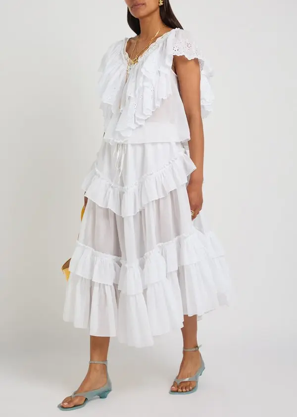 Chloé Ruffled Cotton Midi Skirt - White