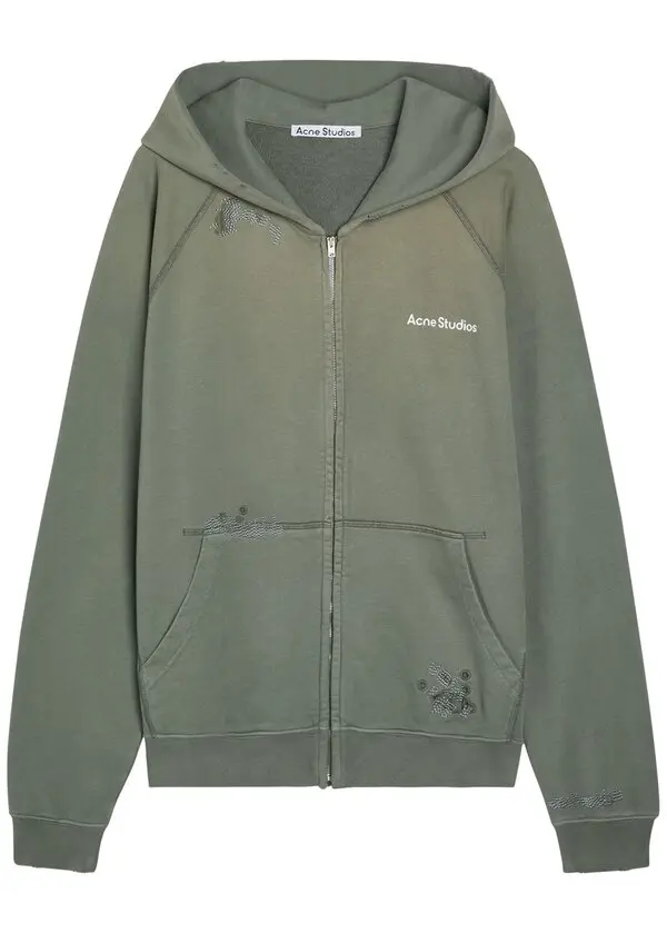 Acne Studios Distressed Logo Zip-through Hooded Sweatshirt - Grey