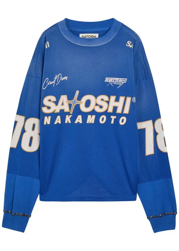 SATOSHI NAKAMOTO Mesh Moto Logo-print Mesh Jersey T-shirt - Blue