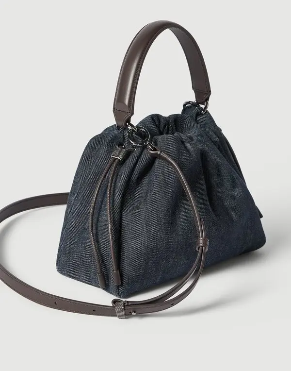 Brunello Cucinelli Mellow Small Bucket Bag In Cotton Denim-effect Twill With Monili - Blue