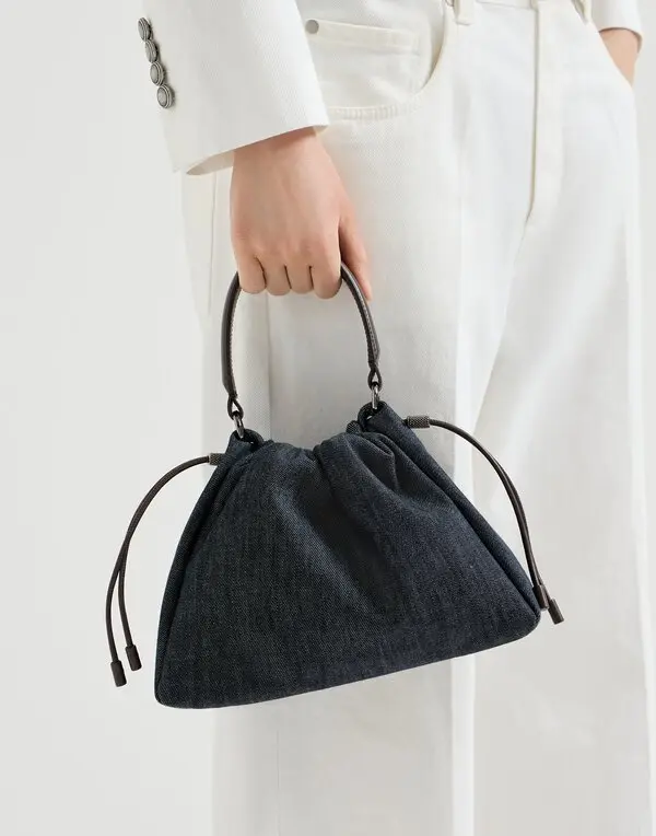 Brunello Cucinelli Mellow Small Bucket Bag In Cotton Denim-effect Twill With Monili - Blue