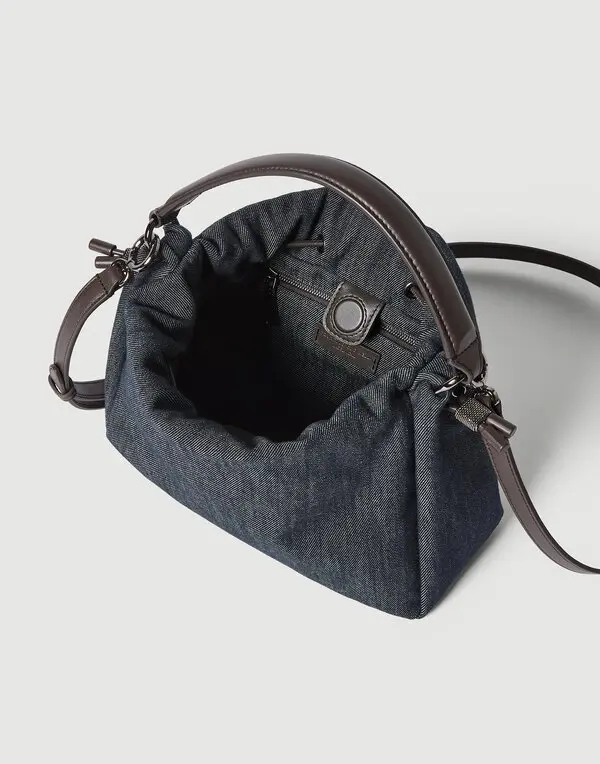 Brunello Cucinelli Mellow Small Bucket Bag In Cotton Denim-effect Twill With Monili - Blue