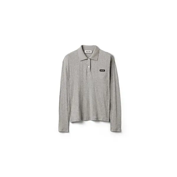 Miu Miu Ribbed Jersey Polo Shirt With Logo Patch - Grey