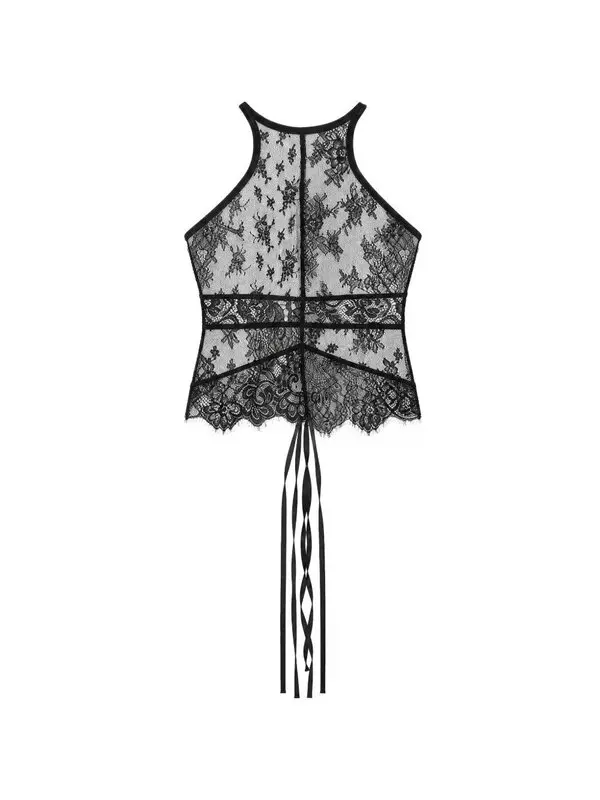 EMERGENCY ROOM Lace Overlay Tie-fastening Top - Black