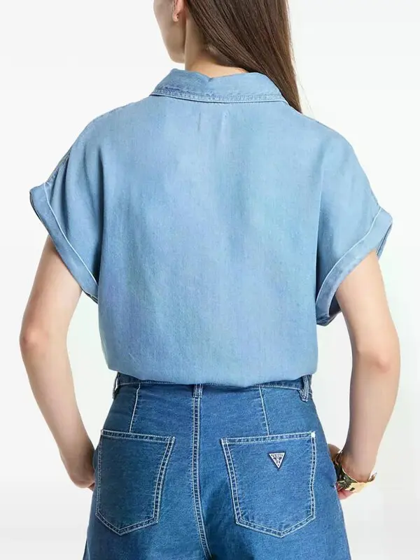 Guess Embroidered Palm Tree Motif Denim Shirt - Blue