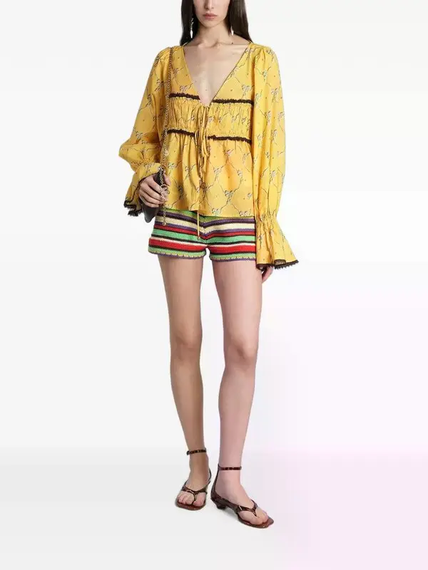 SIEDRES Bow-print Ruffled V-neck Top