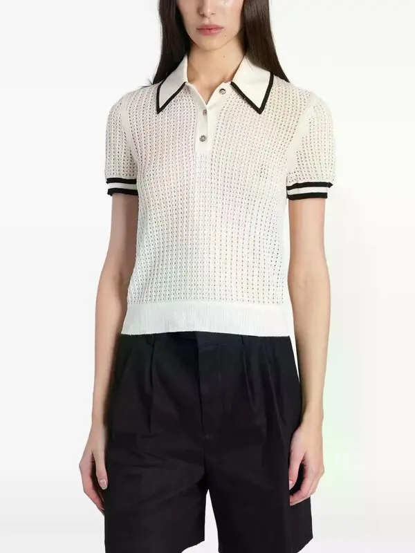 Alice + Olivia Open-knit Contrast-trim Polo Shirt - Neutrals