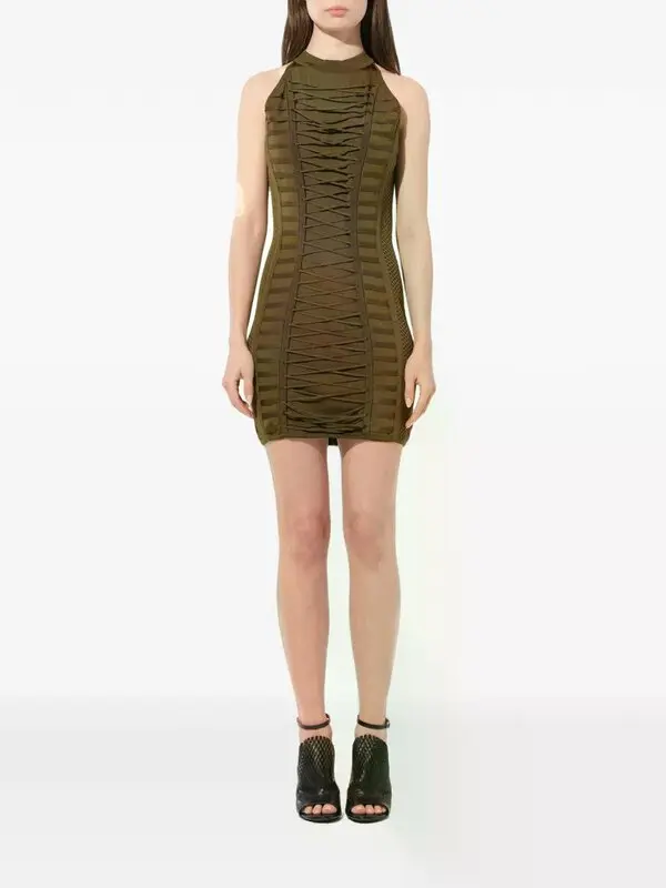 Balmain Lace-up Ribbed-knit Mini Dress - Green