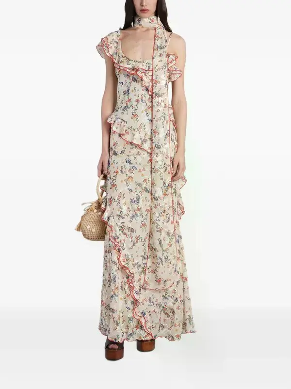 SIEDRES Beige Floral Print Ruffled Dress