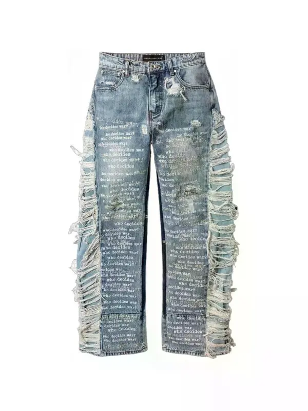 WHO DECIDES WAR Scripture Distressed Jeans