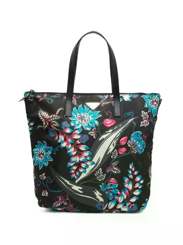 Prada Floral Print Saffiano Leather Tote Bag - Black