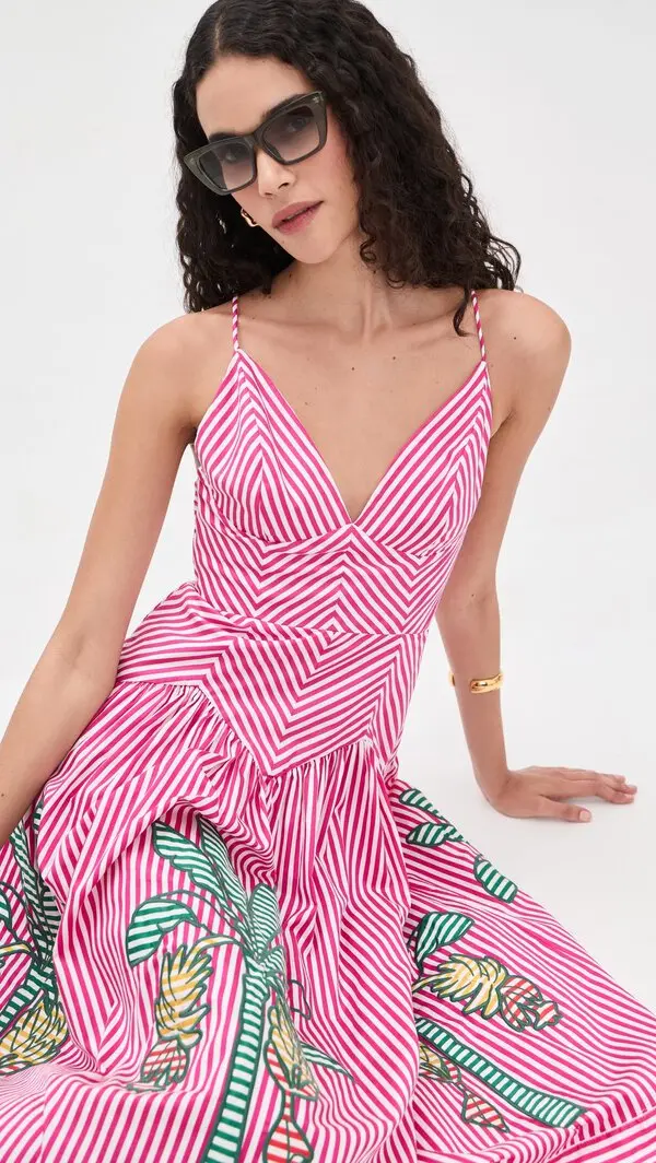 Farm Rio Palm Tree Cutwork Stripes Midi Dress