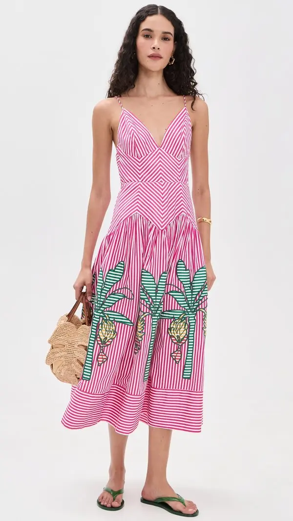 Farm Rio Palm Tree Cutwork Stripes Midi Dress