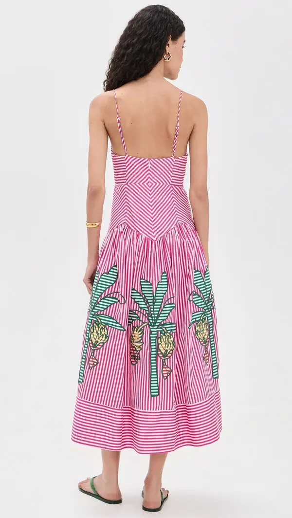 Farm Rio Palm Tree Cutwork Stripes Midi Dress