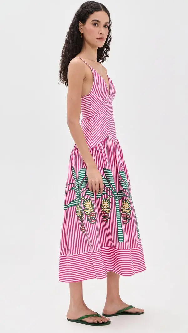 Farm Rio Palm Tree Cutwork Stripes Midi Dress