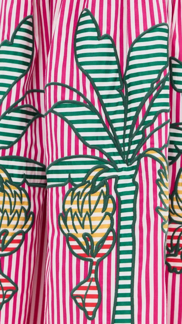 Farm Rio Palm Tree Cutwork Stripes Midi Dress
