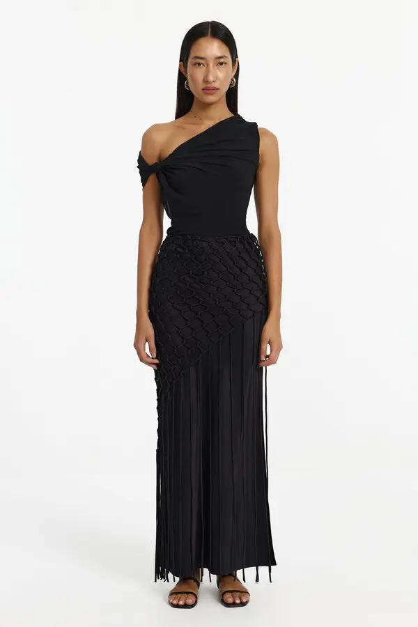 Significant Other Oceane Maxi Skirt With Macramé Overlay And Fringe - Black