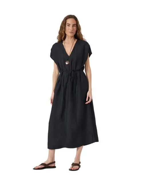 HUSH Remy Pleated Linen Blend Midi Dress - Black
