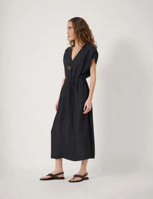 HUSH Remy Pleated Linen Blend Midi Dress - Black