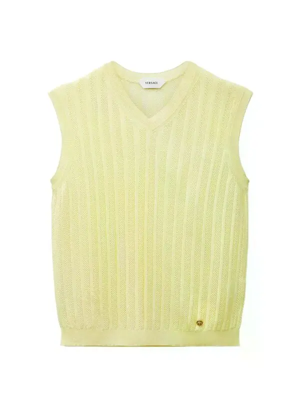 Versace Viscose Mesh Ribbed Knit V-neck Top