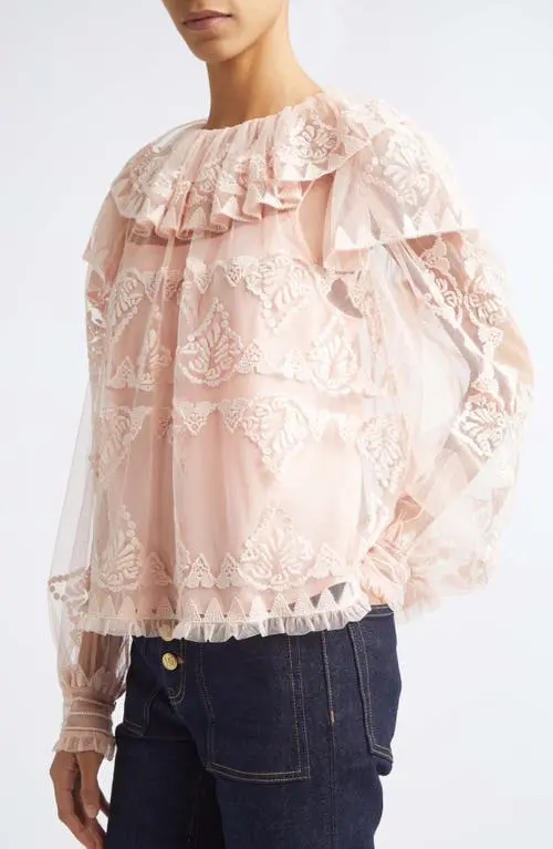 Ulla Johnson Ivy Floral Lace Embroidered Ruffle Tulle Blouse