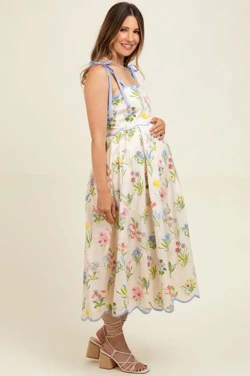 PINKBLUSH Floral Shoulder Tie Midi Dress With Scallop Trim