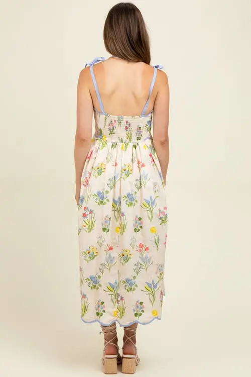 PINKBLUSH Floral Shoulder Tie Midi Dress With Scallop Trim