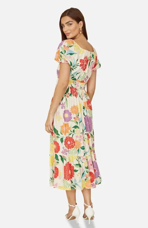 YUMI Short Sleeve Square Neck Midi Dress